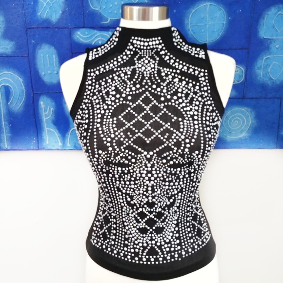 Xtaren | Tops | Xtaren Black Sheer Studded Top | Poshmark